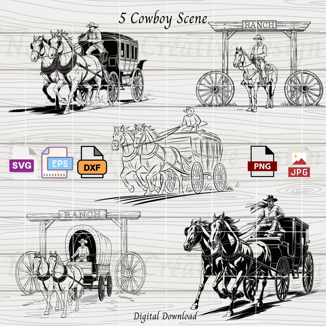 Western Illustrations SVG, 5 Pioneer Covered Wagon and Stagecoach Svg ...