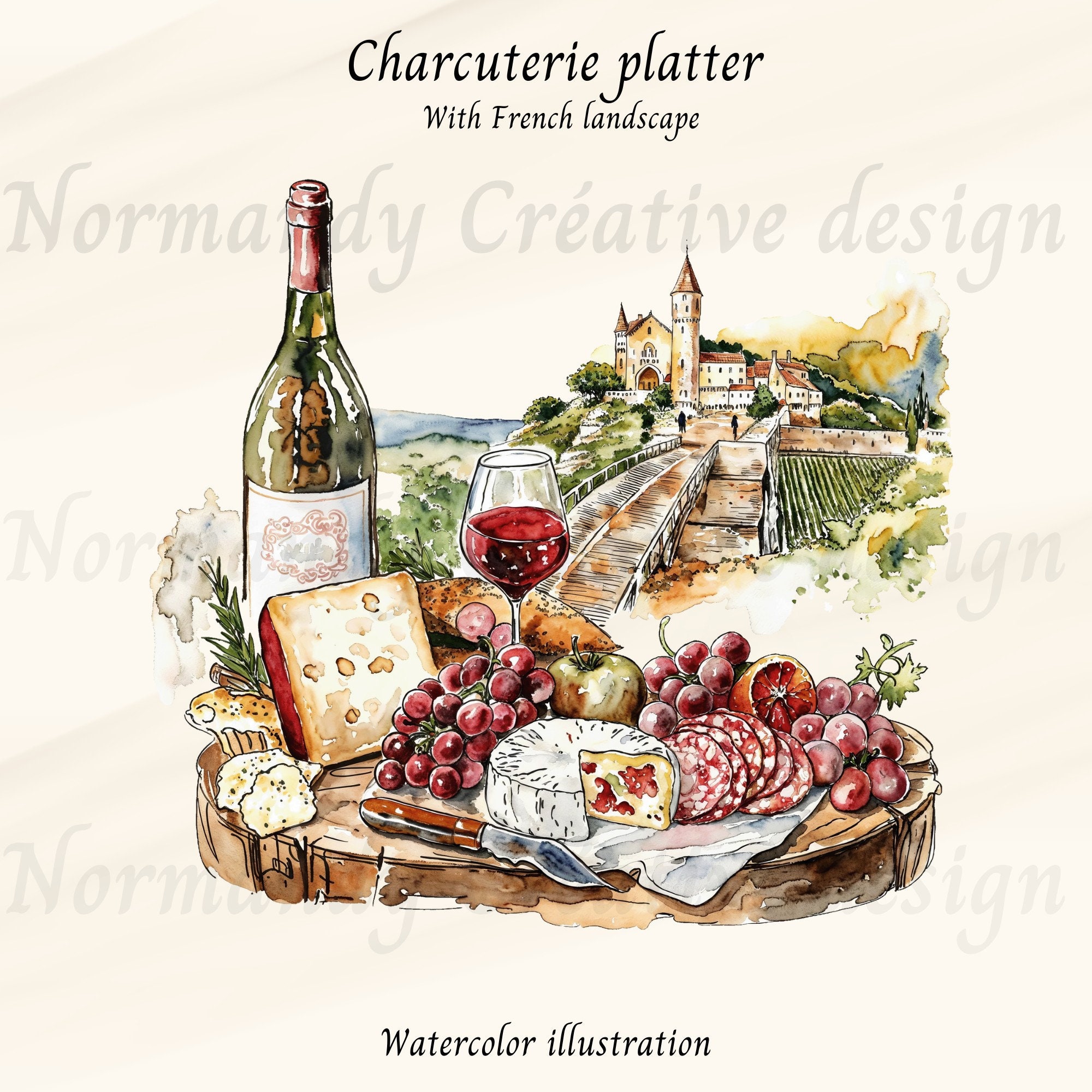 Watercolor Wine and Cheese Clipart, 8 Watercolor Charcuterie Board Png ...
