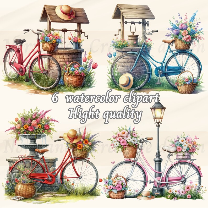 Spring Bicycles Clipart, 6 Watercolor Bicycle Clipart, Flower Basket ...