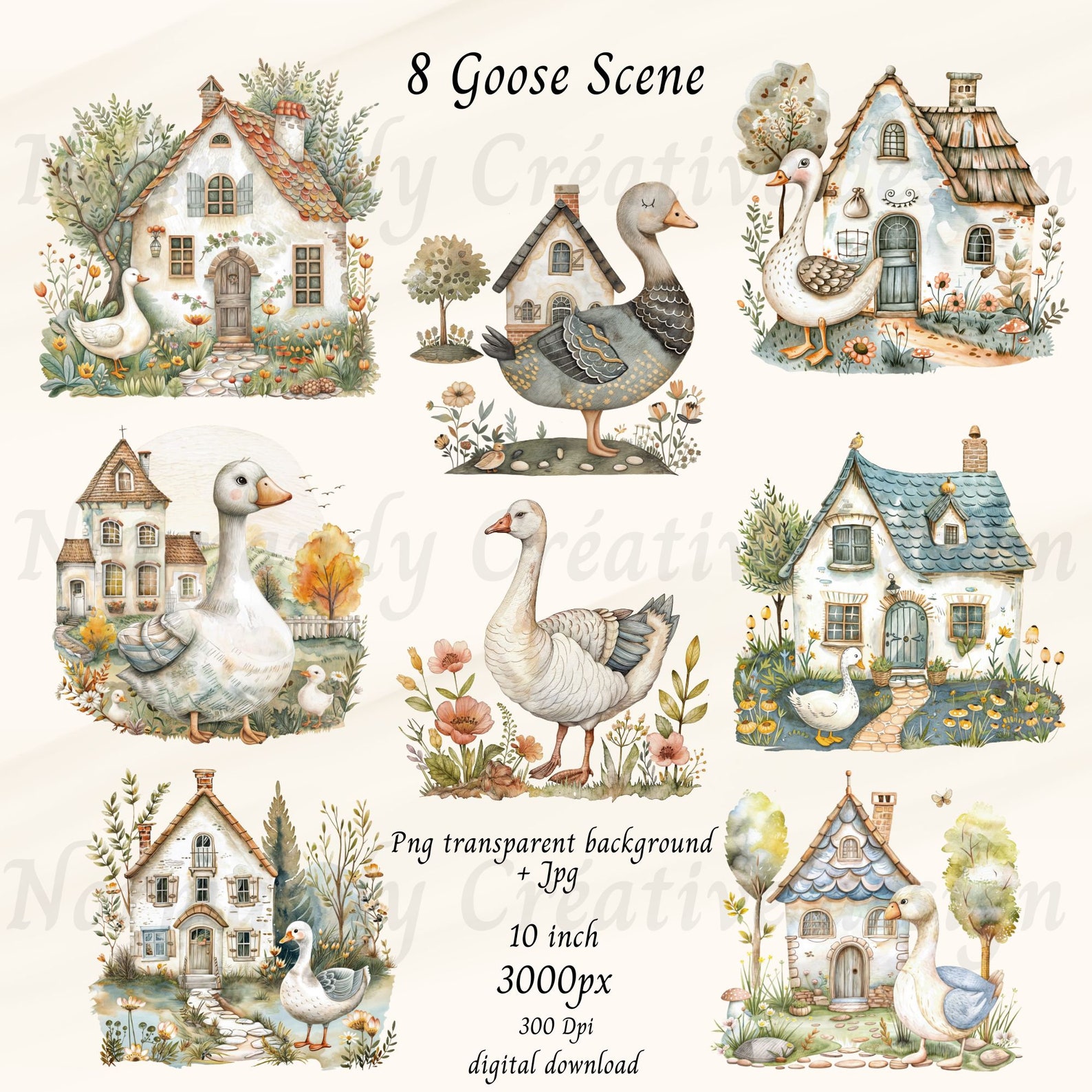 Watercolor Goose Clipart, 8 Naive Art Png and Jpeg, Watercolor Farm ...