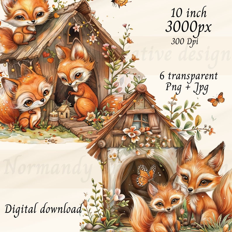 Fox Clipart Set, 6 Cute Woodland Fox PNG Bundle and JPG, Adorable Fox ...
