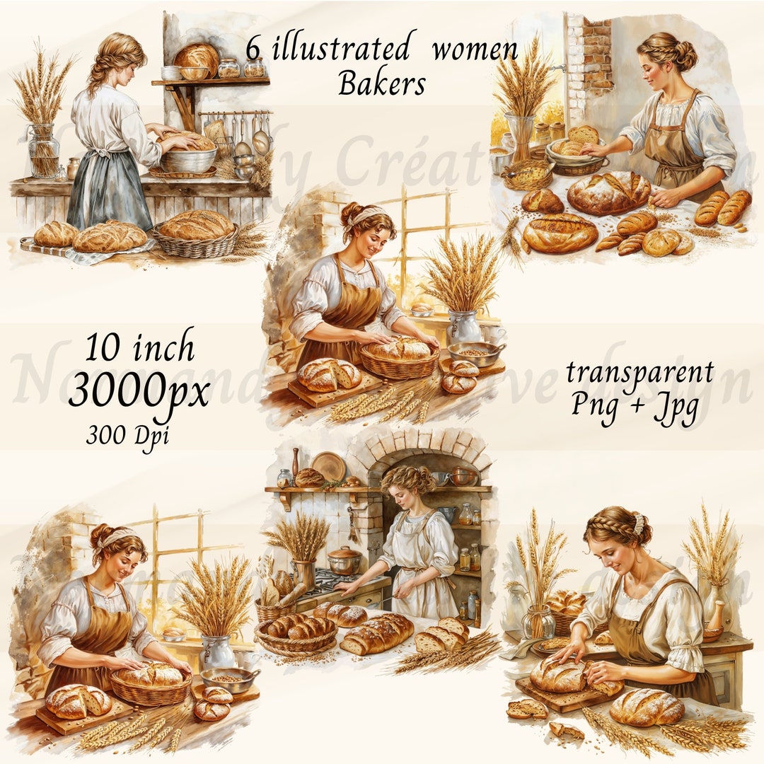 Girl Baker Scene Illustration, Woman Baker Png and Jpg, Bread Clipart ...