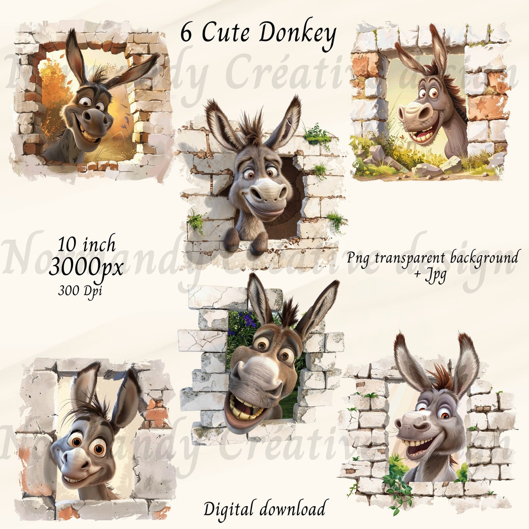 Cute Donkey Clipart, 6 Donkeys Clipart Bundle Png and Jpeg, Funny ...