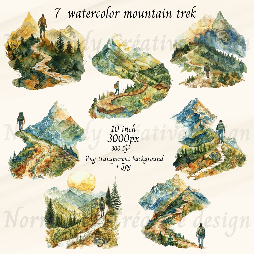 Hiking Trail Illustration, 6 Hiker Watercolor Png and Jpg, Hiking ...