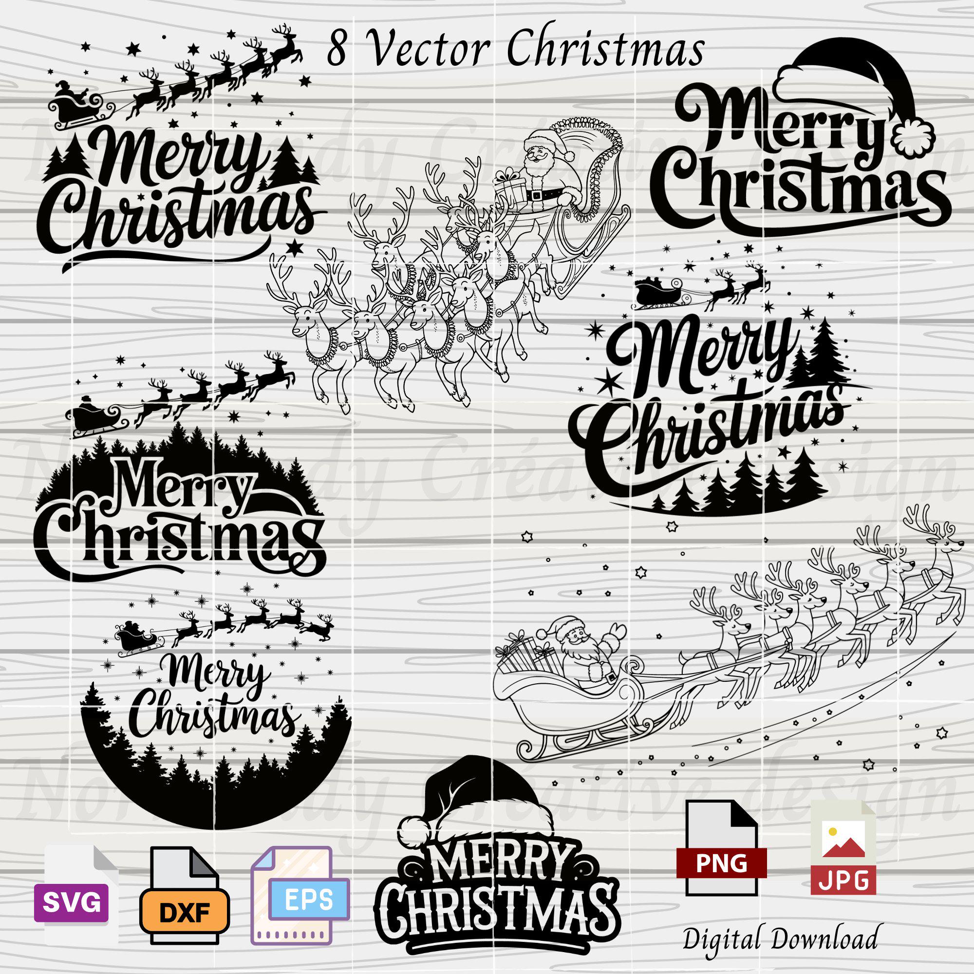 8 Christmas SVG Clipart Bundle, Santa Claus With Sleigh and Reindeer ...