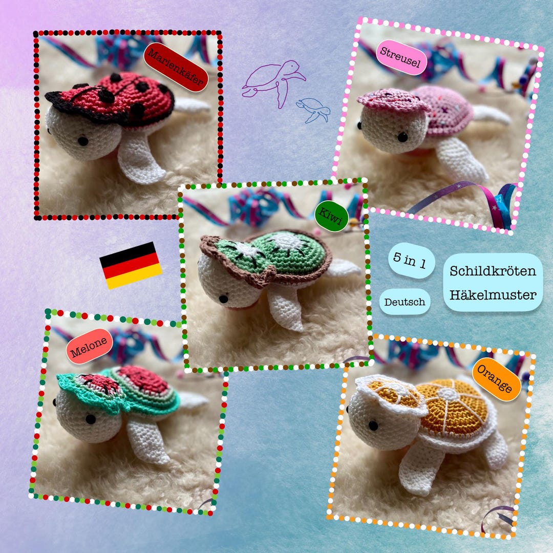 5 in 1 Turtle Crochet Pattern (german) Instructions Amigurumi (orange ...