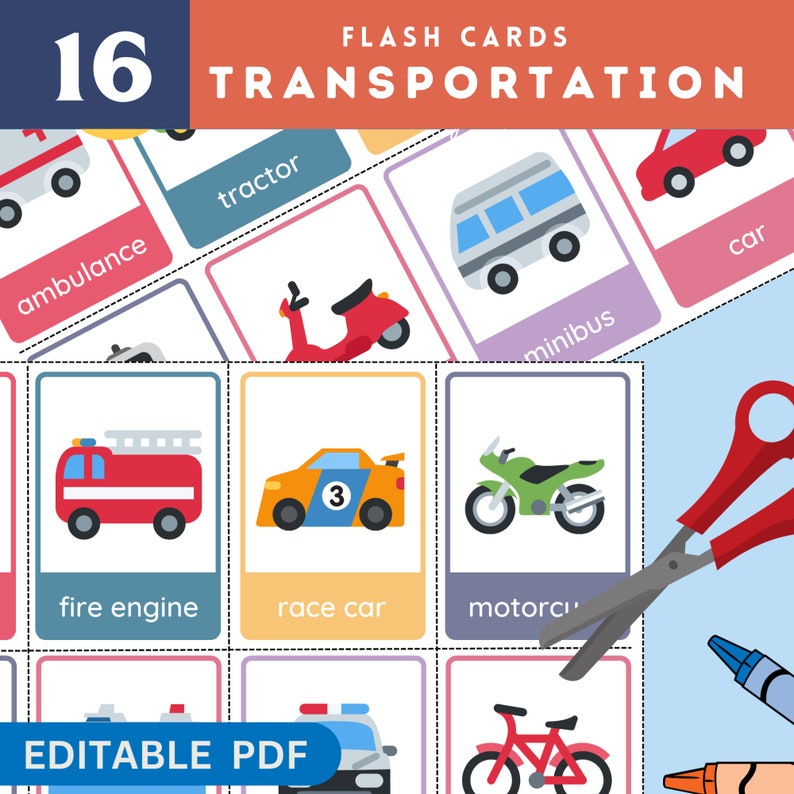 16 Transportation Flash Cards / Image Cards for Kids, Educational ...
