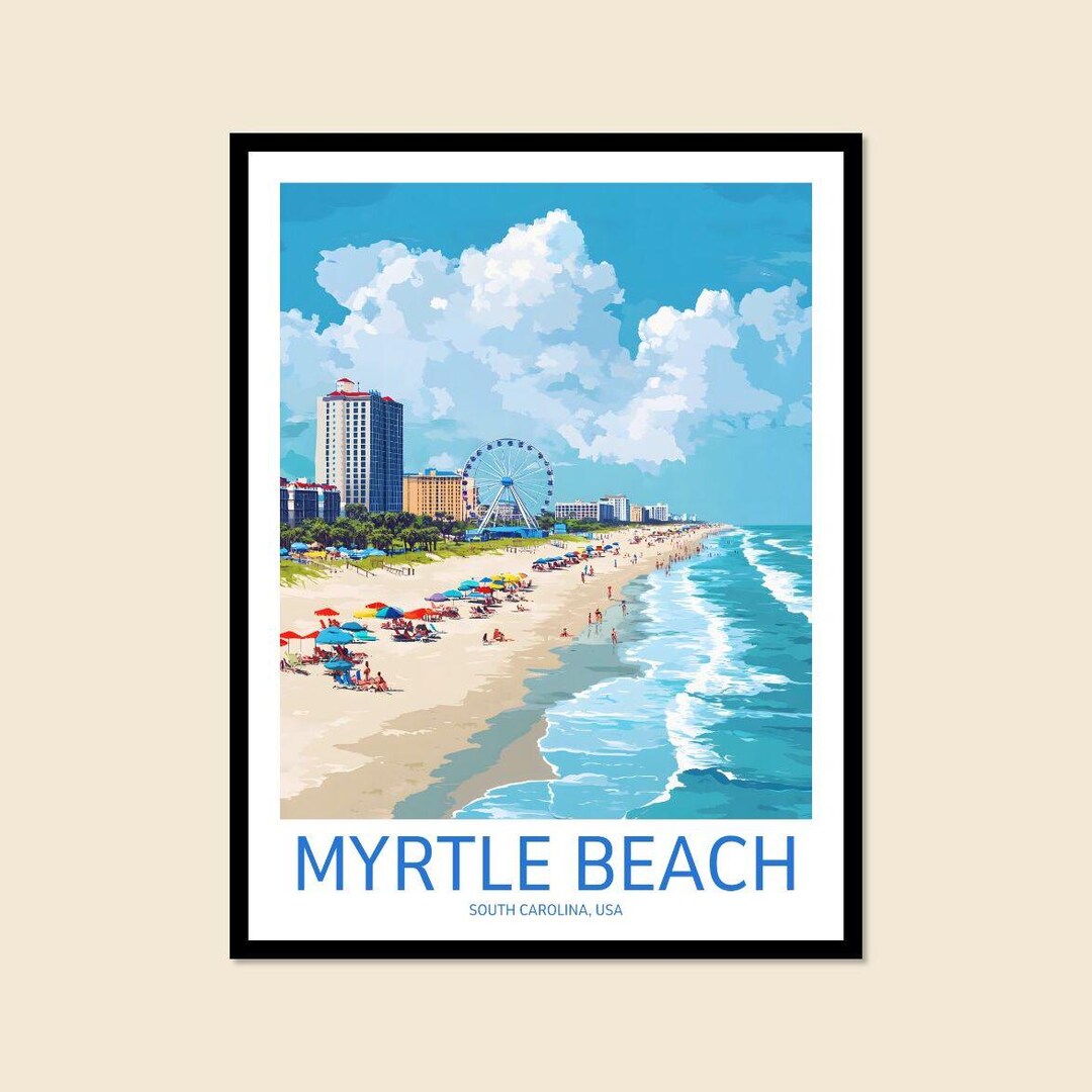 Myrtle Beach Vintage Travel Poster, South Carolina Wall Art, Beach Home ...