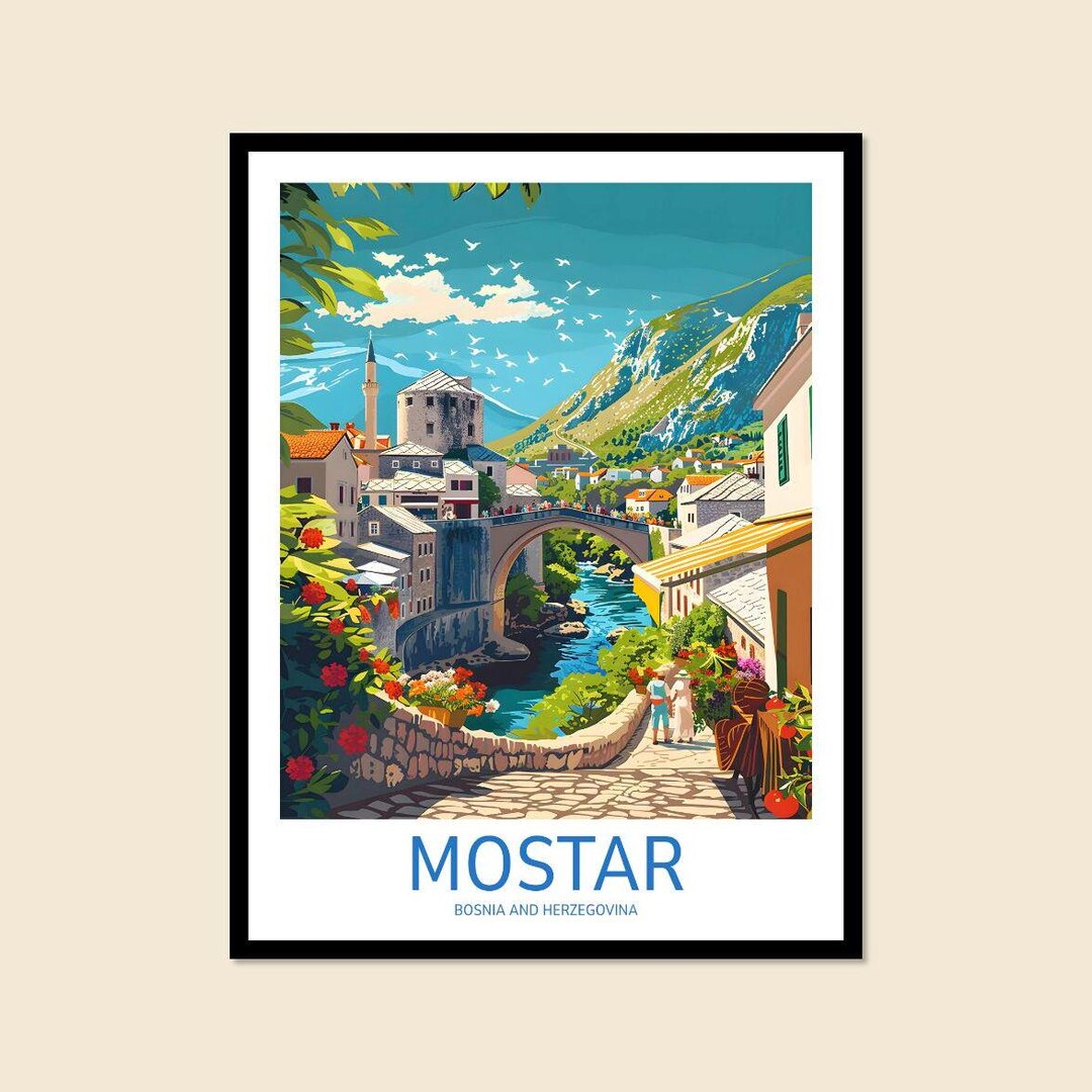 Mostar Vintage Travel Poster, Mostar Wall Art Home Décor, Bosnia and ...