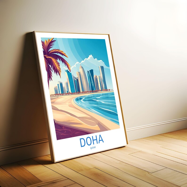 Doha Skyline Vintage Travel Poster, Doha Wall Art Home Décor, Qatar ...