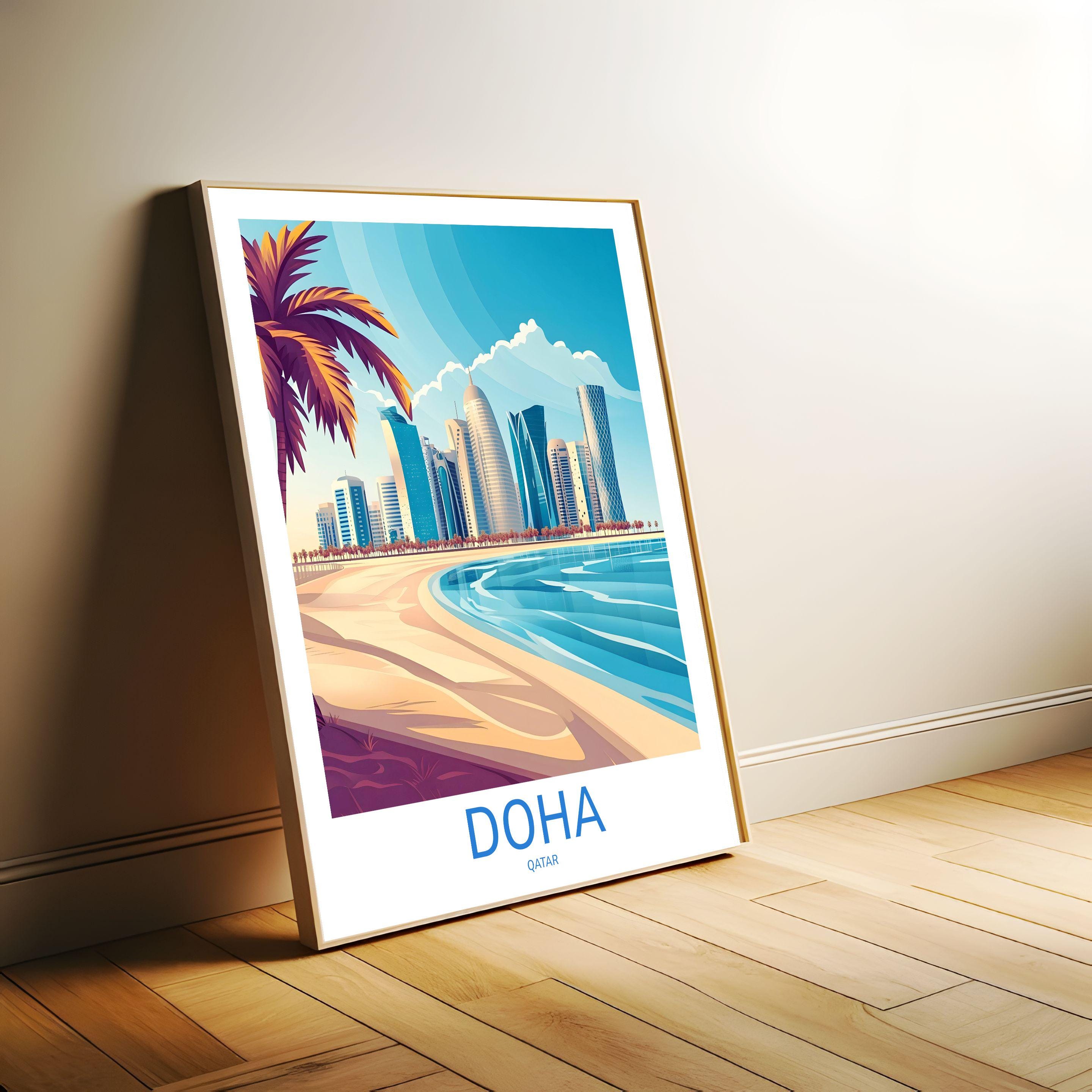 Doha Skyline Vintage Travel Poster, Doha Wall Art Home Décor, Qatar ...