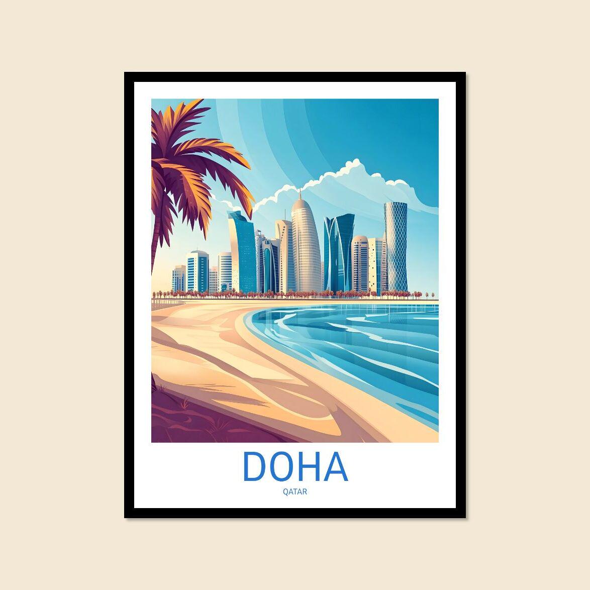 Doha Skyline Vintage Travel Poster, Doha Wall Art Home Décor, Qatar ...