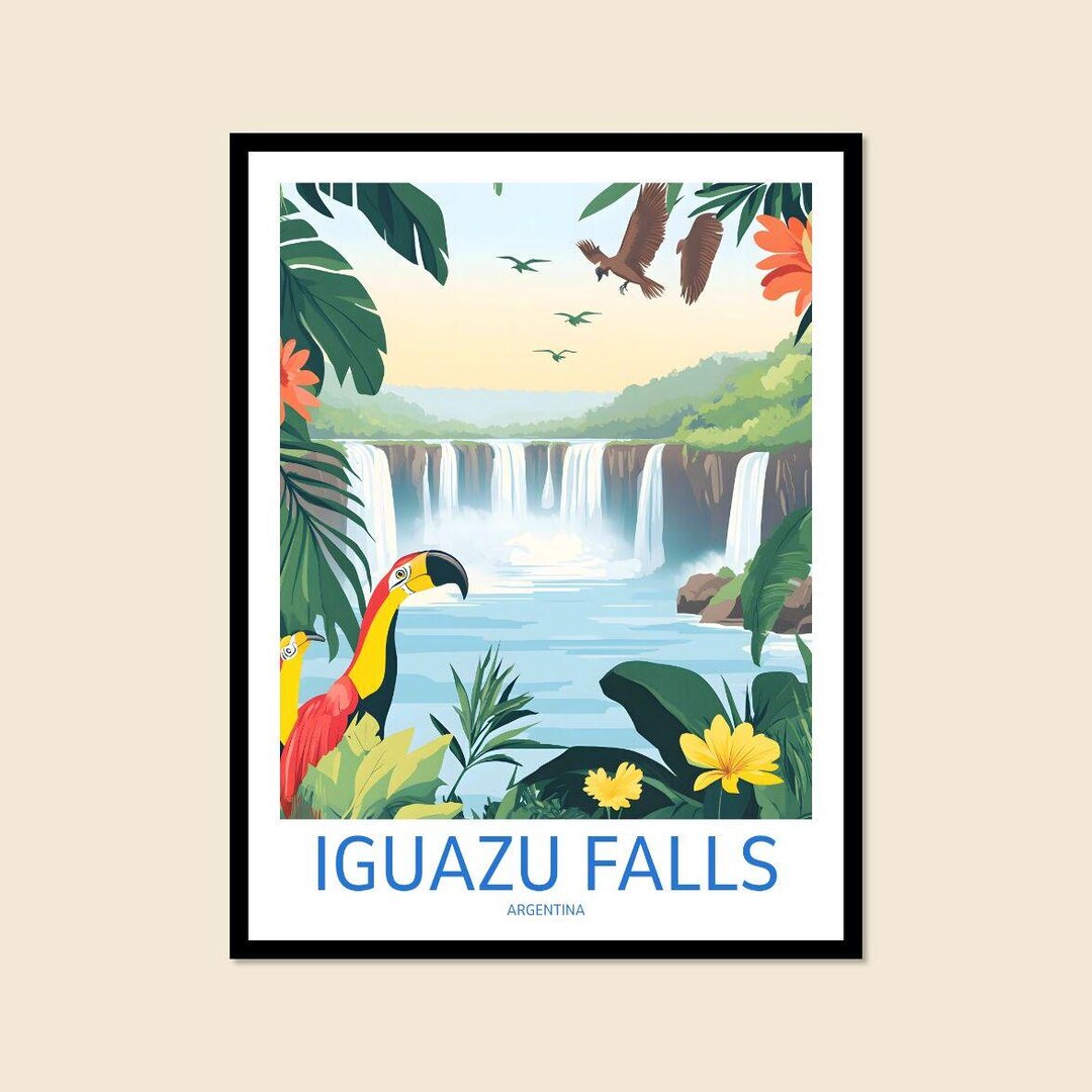 Iguazu Falls Vintage Travel Poster, Argentina Brazil Wall Art, Home ...