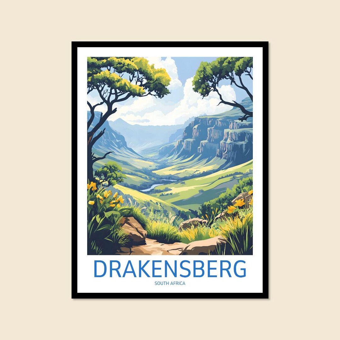 Drakensberg Mountain Range Vintage Travel Poster, South Africa Wall Art ...