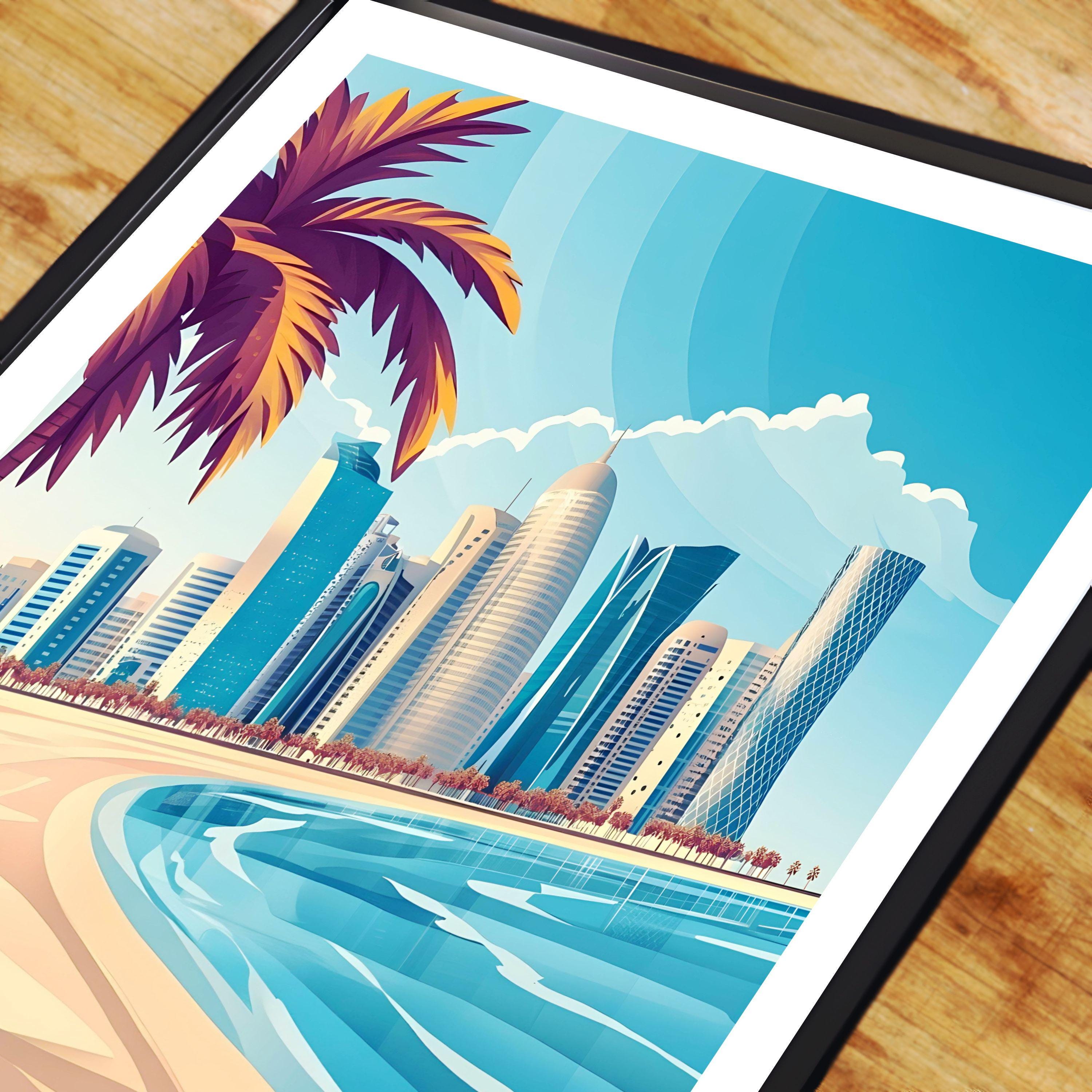 Doha Skyline Vintage Travel Poster, Doha Wall Art Home Décor, Qatar ...