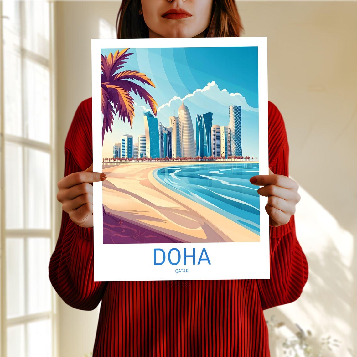 Doha Skyline Vintage Travel Poster, Doha Wall Art Home Décor, Qatar ...