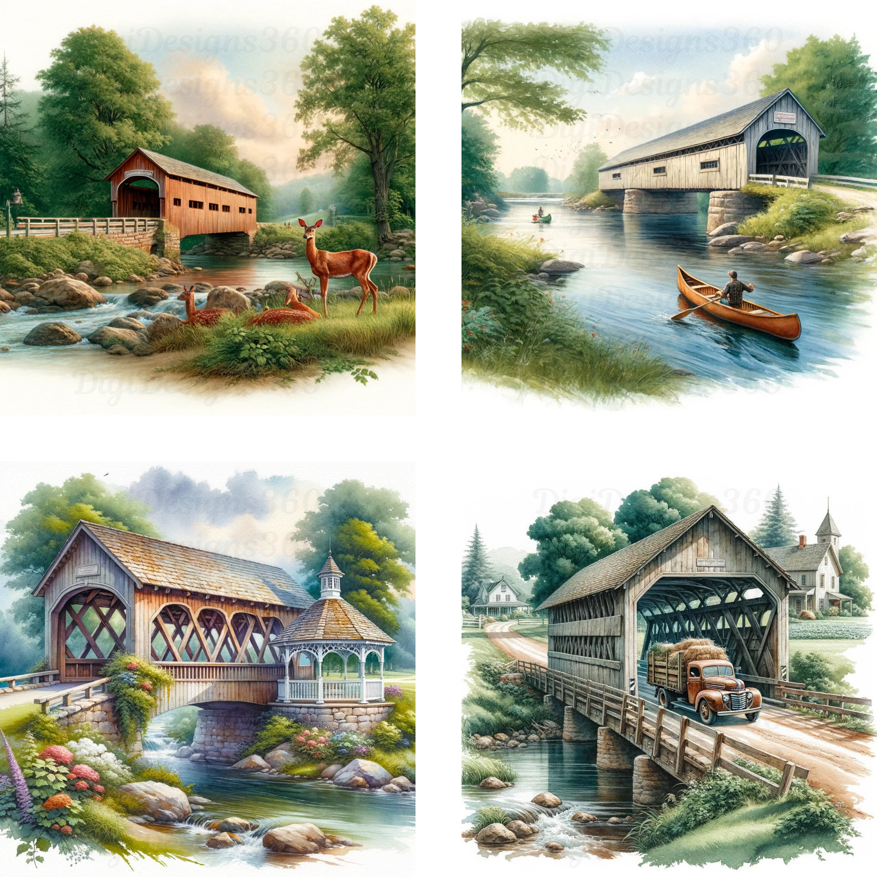 Wooden Bridge Clipart - Watercolor Covered Bridge Graphics, Perfect for ...