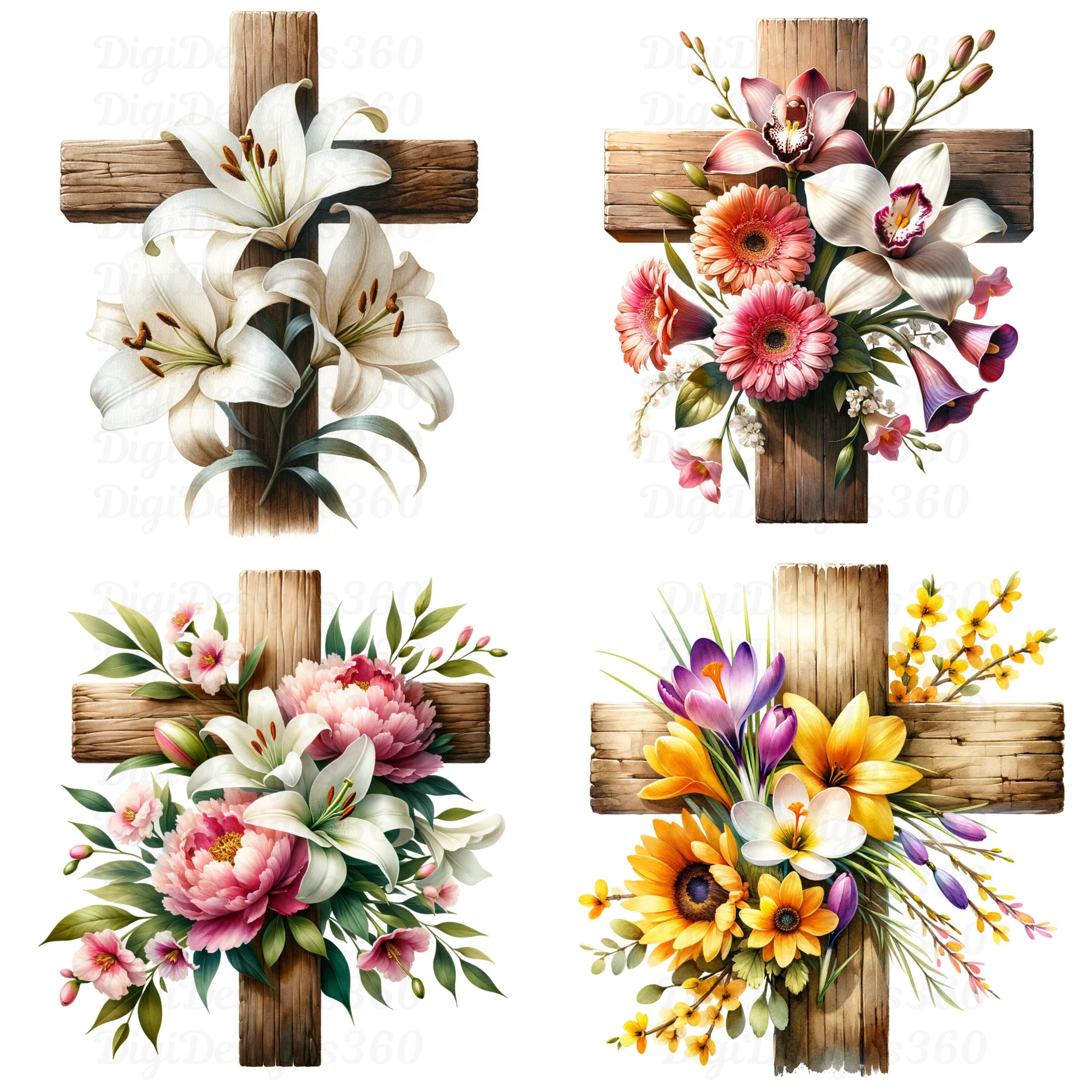 Flower Cross Clipart Watercolor Floral Wooden Cross Design, Perfect for ...