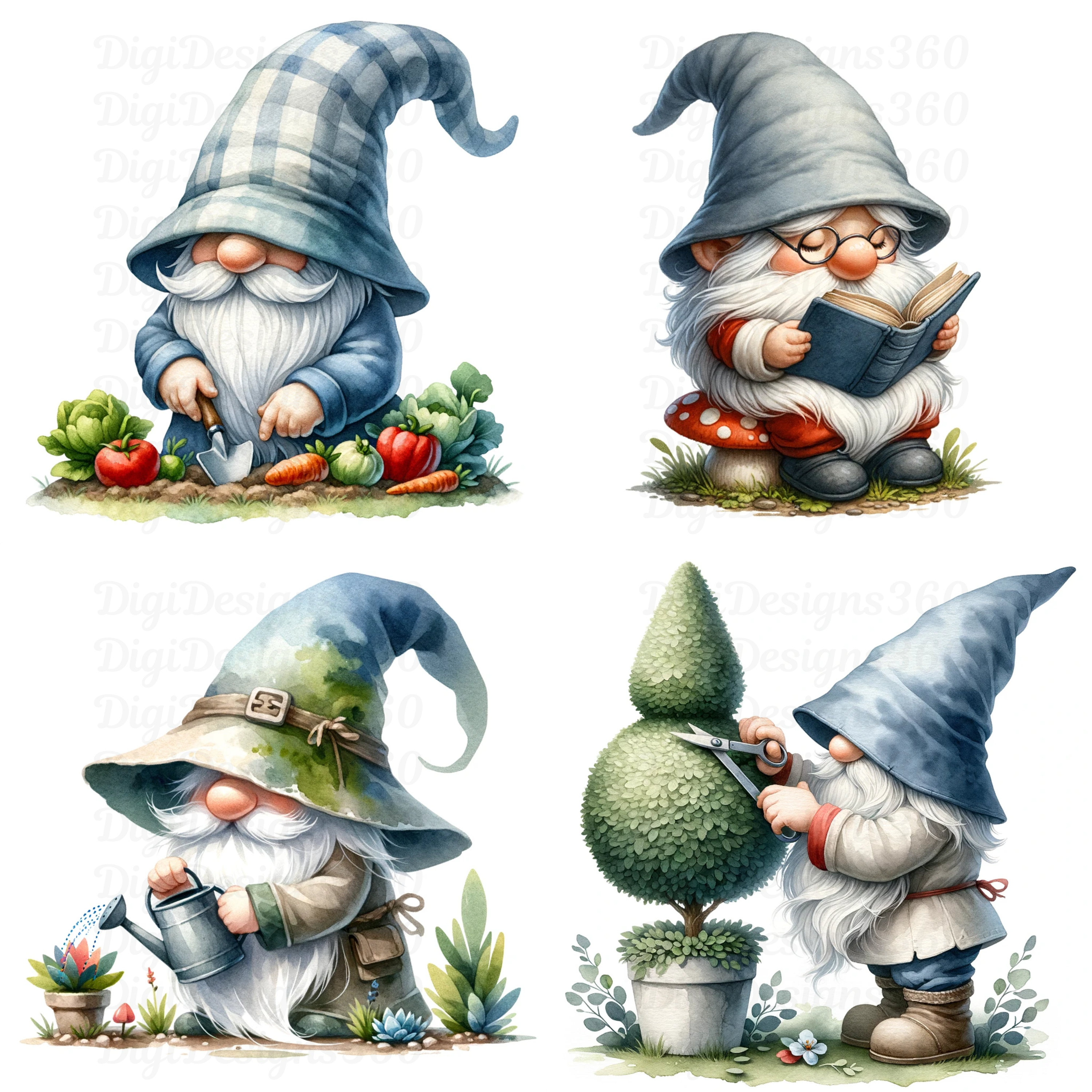 Garden Gnome Clipart Set Watercolor Gnomes Perfect for Scrapbooking ...