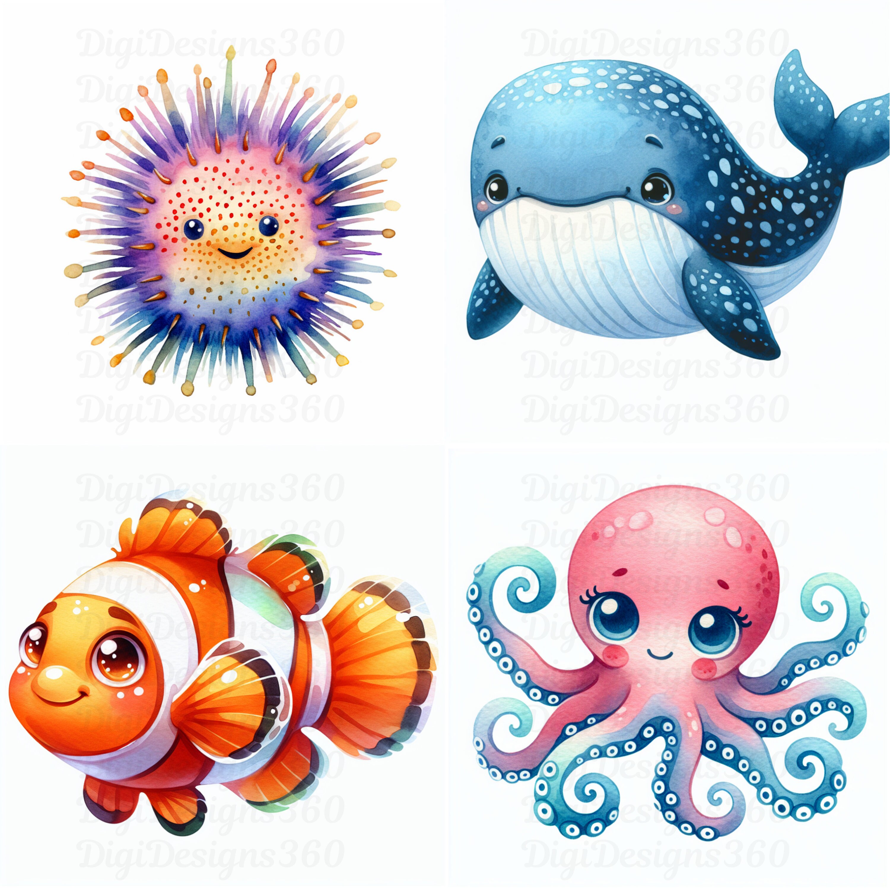Under the Sea Clipart Set - Detailed Marine Life Watercolor Graphics ...