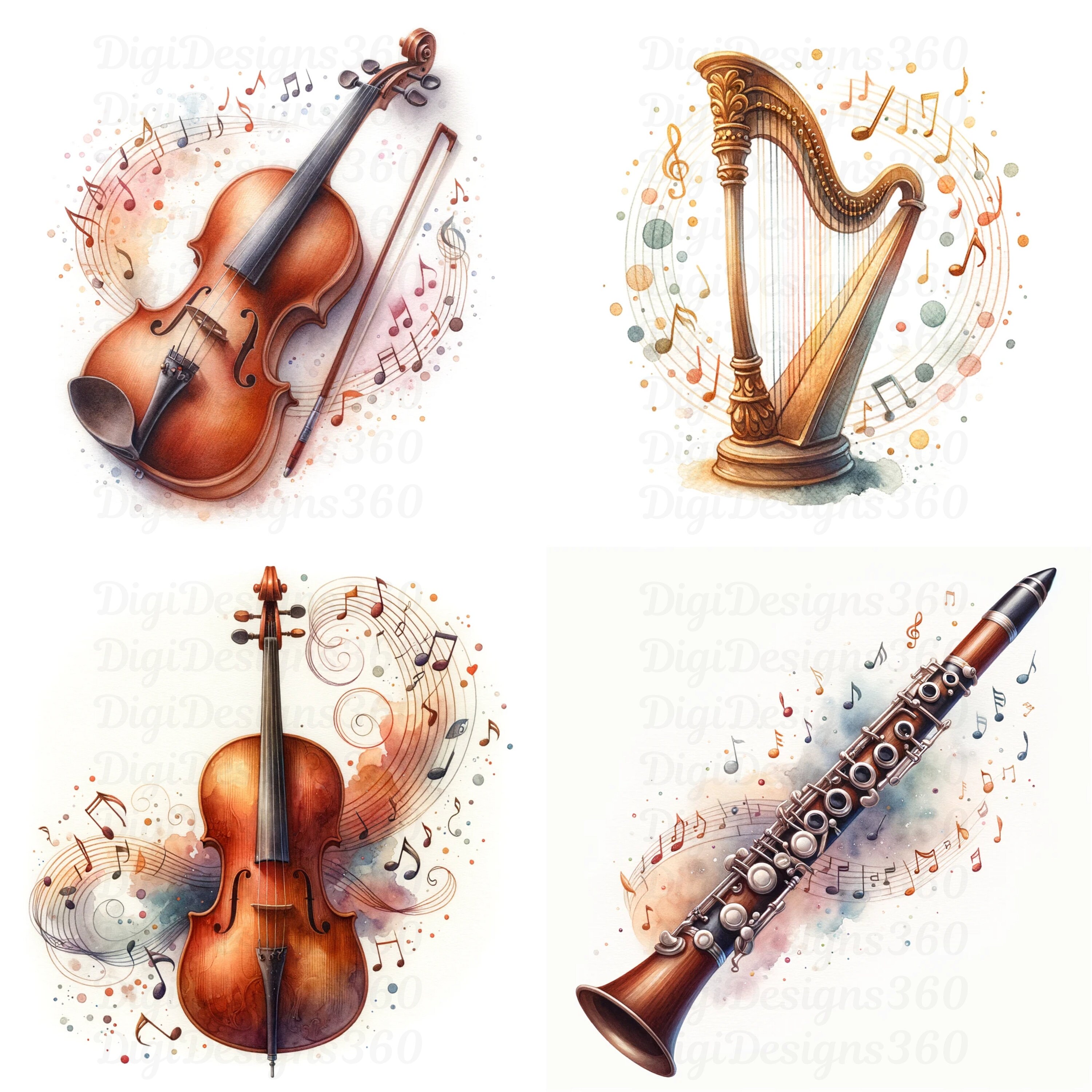 Artistic Musical Instruments Clipart - Watercolor Style Digital Files ...