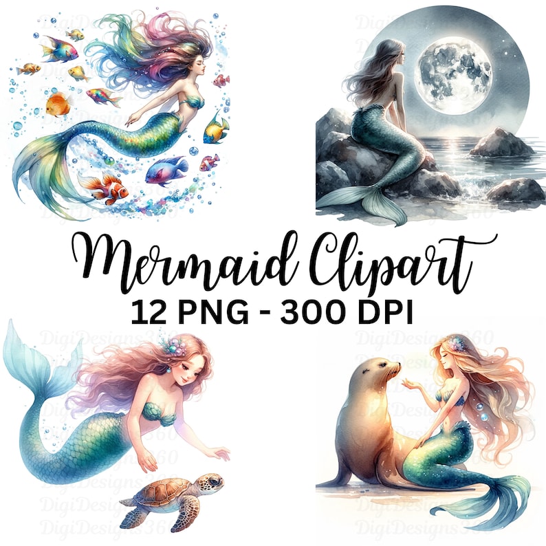 Charming Cute Mermaid Clipart Set Watercolor Graphics for DIY Crafting ...