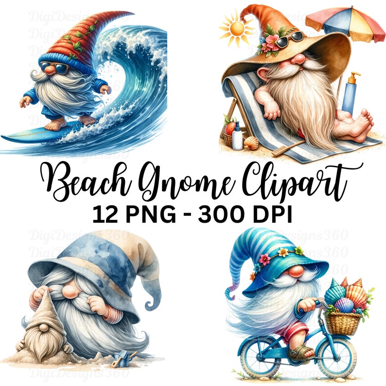 Beach Gnome Clipart - Watercolor Summer Gnomes, Perfect for DIY ...