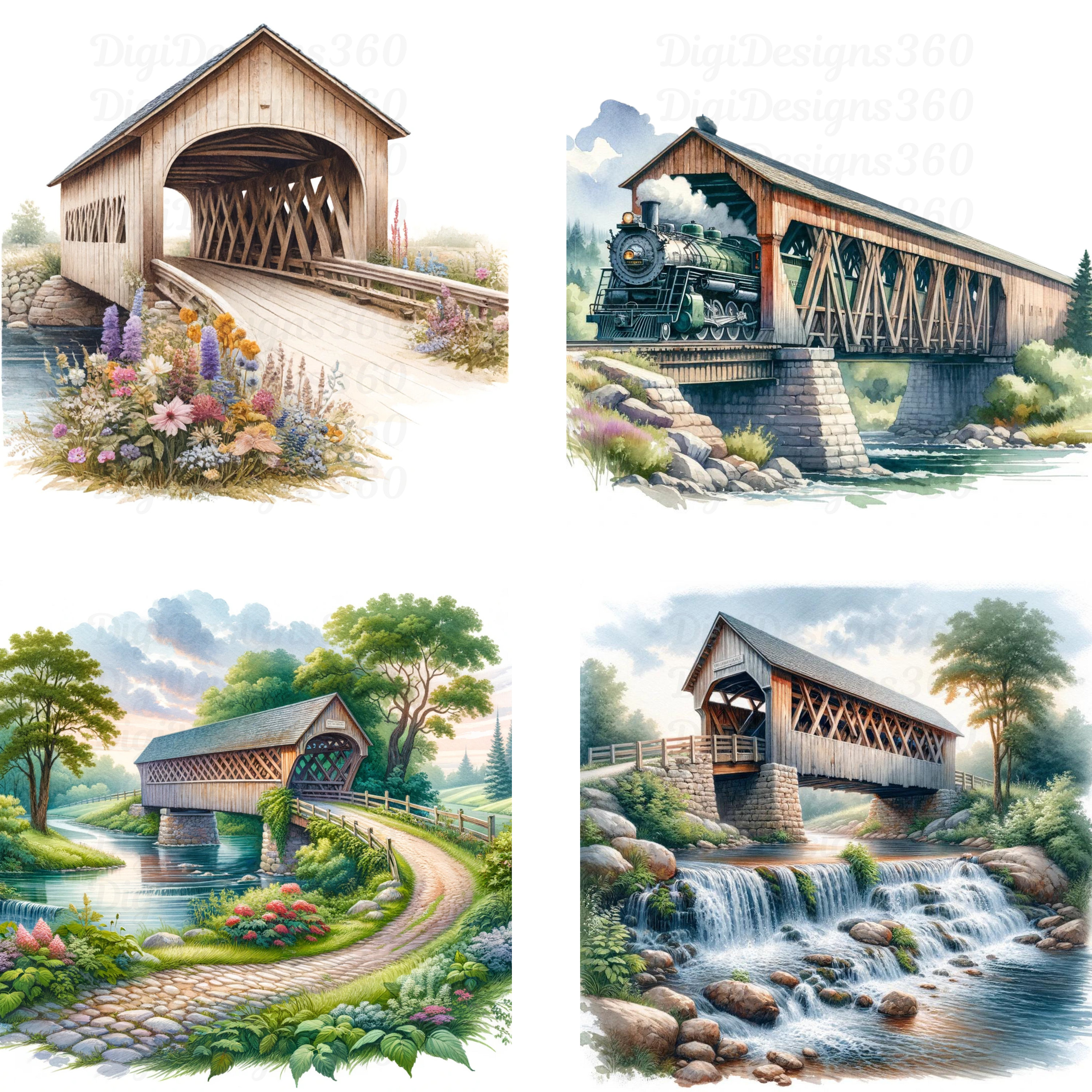 Wooden Bridge Clipart - Watercolor Covered Bridge Graphics, Perfect for ...