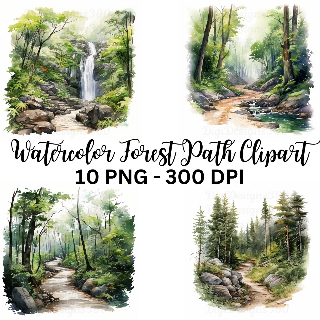 Majestic Forest Path Clipart Collection - Lush Watercolor Digital ...
