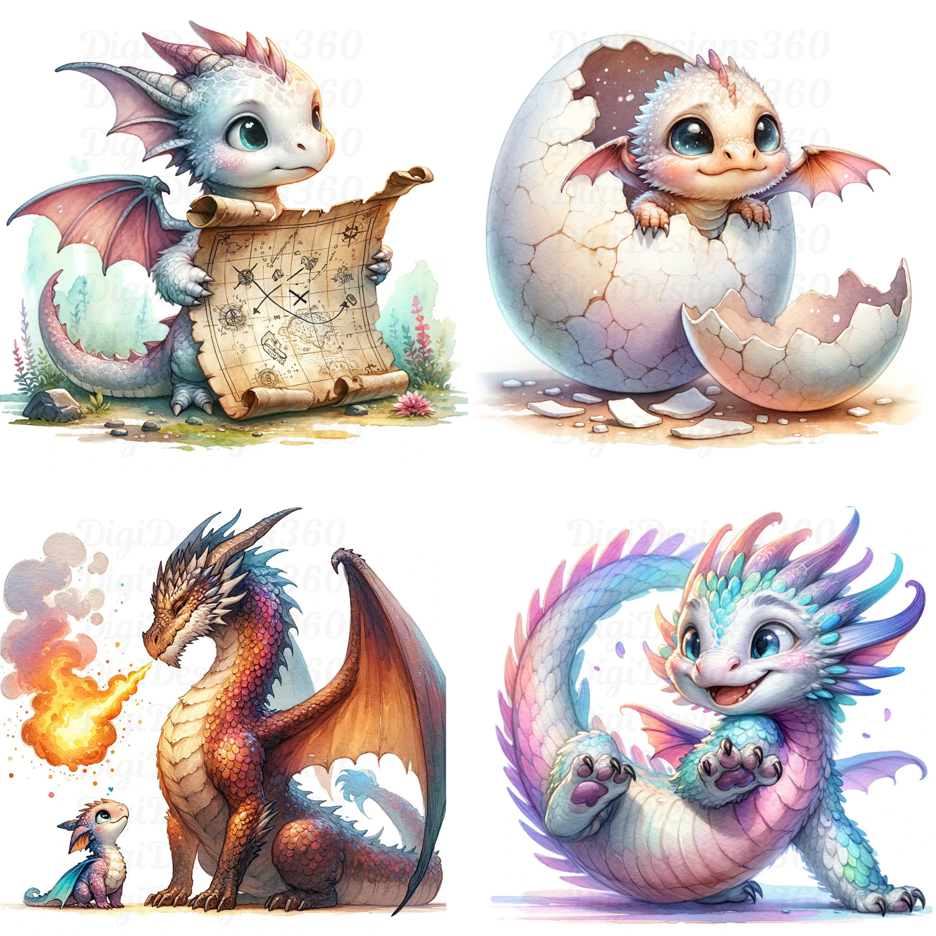 Cute Dragon Clipart Set, Whimsical Watercolor Baby Dragons, Ideal for ...