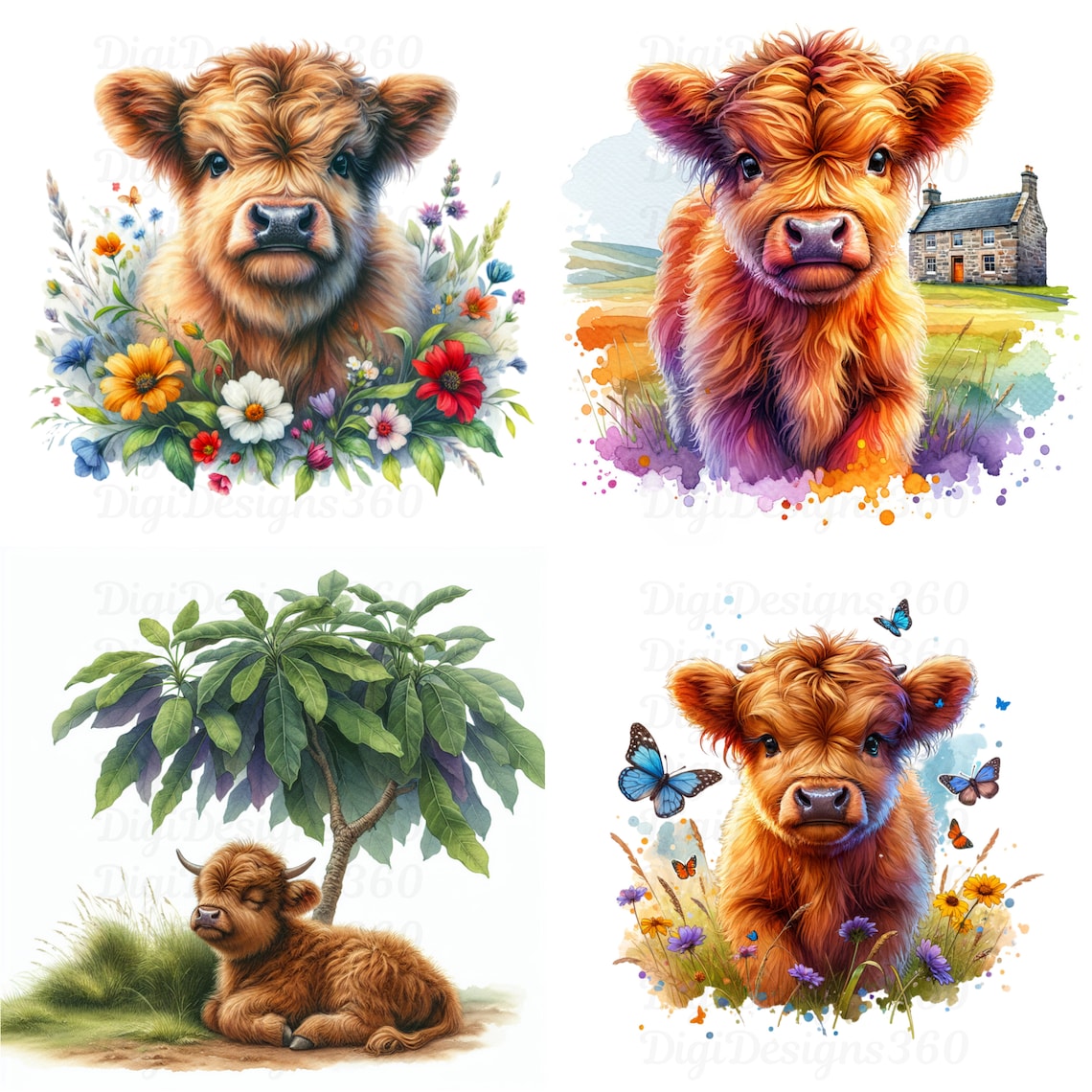 Highland Cattle Clipart Watercolor Baby Highland Cows, Digital Download ...