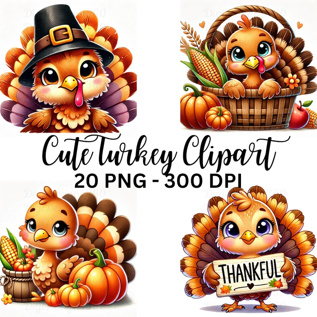 Cute Turkey Clipart, Watercolor Thanksgiving Turkey Graphics for DIY ...