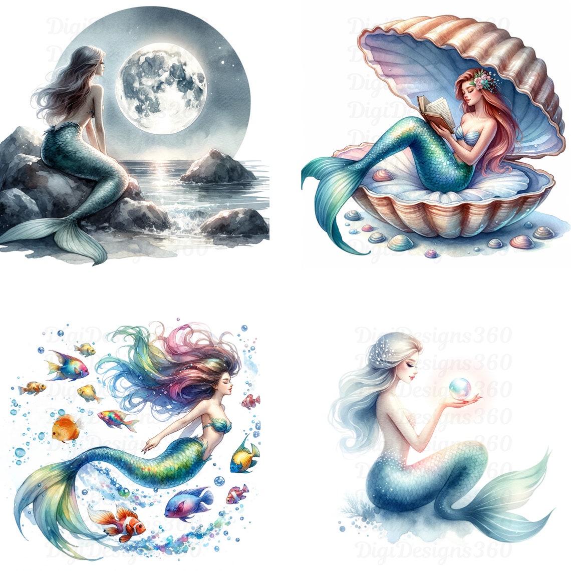 Watercolor Mermaid Clipart Set – Cute Fantasy Graphics (commercial Use ...
