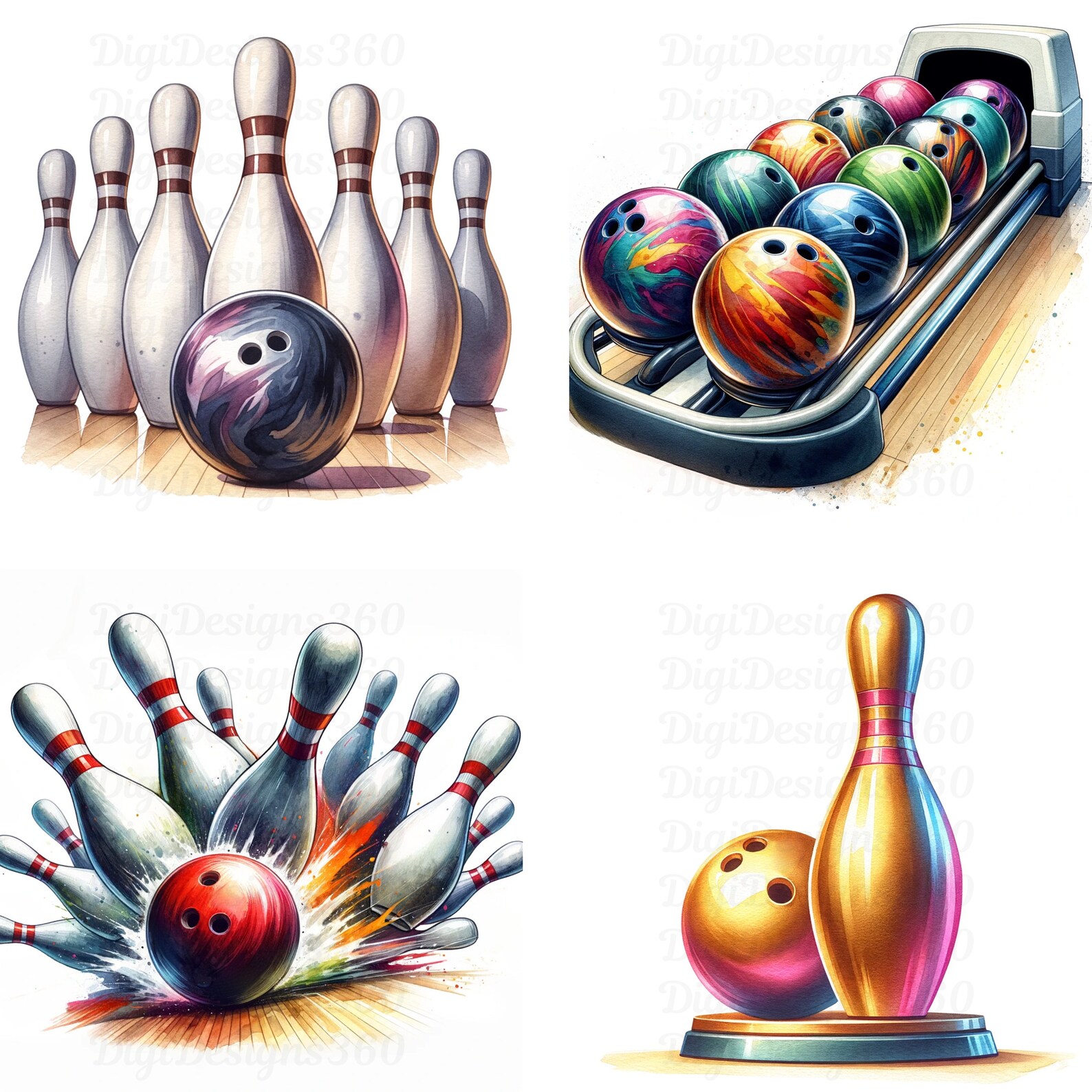 Watercolor Bowling Clipart Set, Sports PNG Graphics (digital Download ...