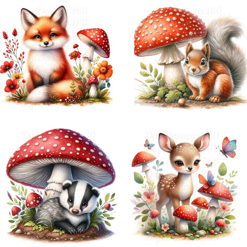 Mushroom Graphics and Woodland Creatures Clip Art, Watercolor Animals ...