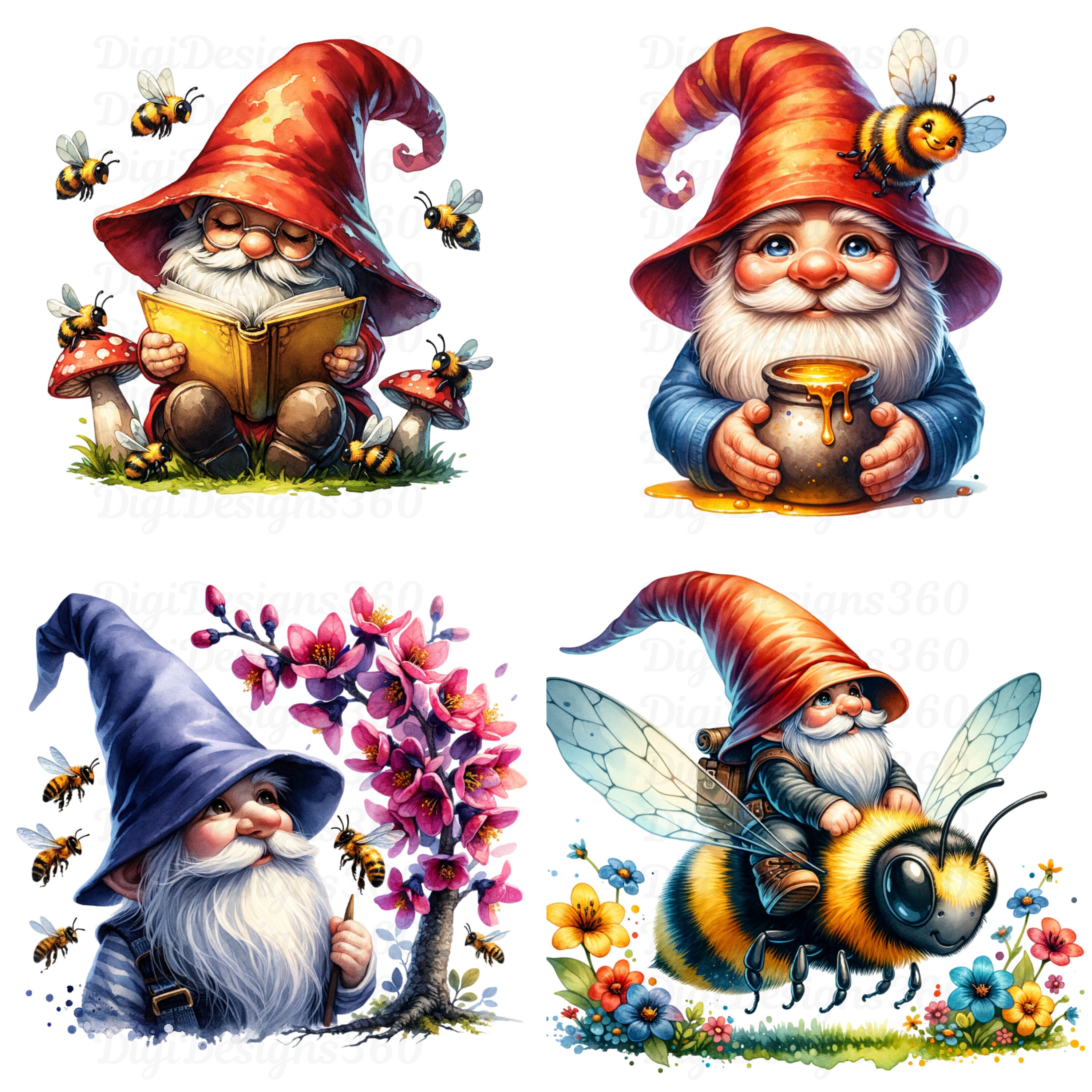 Watercolor Bee Gnome Clipart Set - Adorable Honey Bee Gnomes, Perfect ...