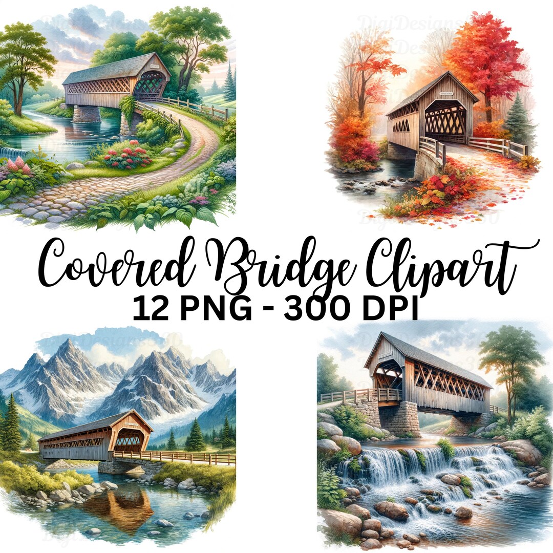 Wooden Bridge Clipart - Watercolor Covered Bridge Graphics, Perfect for ...