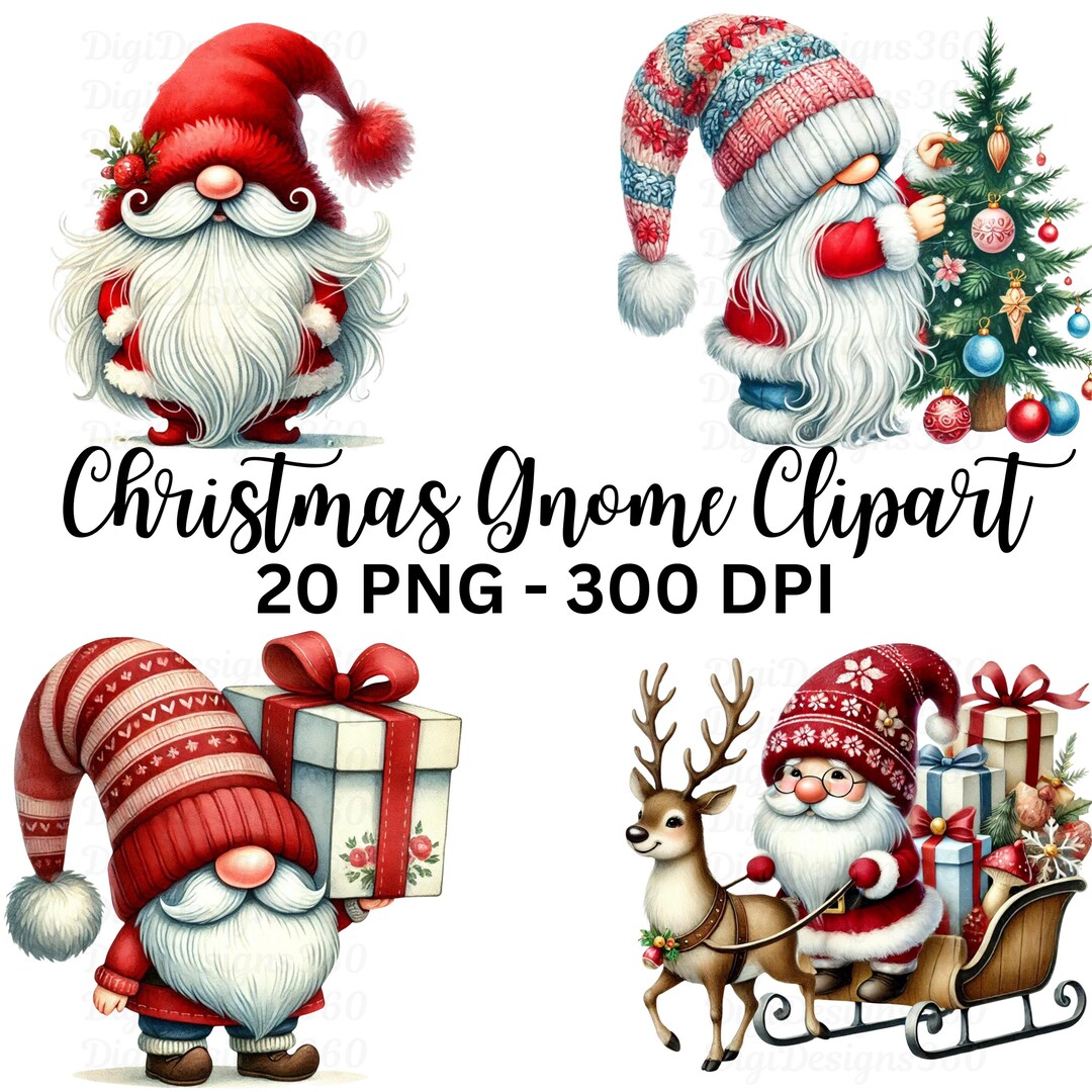 Christmas Gnome Watercolor Clipart, Holiday PNG Designs (digital ...