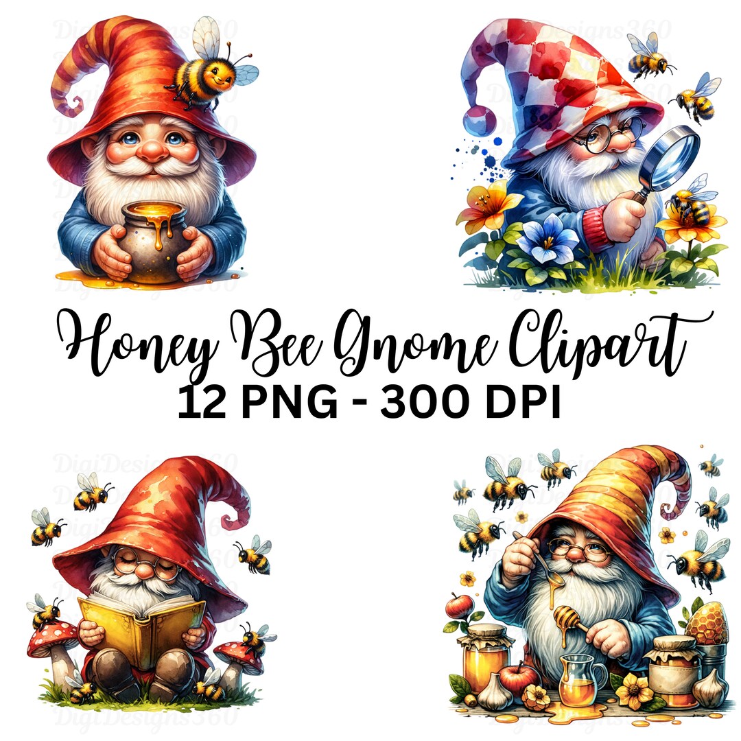 Watercolor Bee Gnome Clipart Set - Adorable Honey Bee Gnomes, Perfect ...