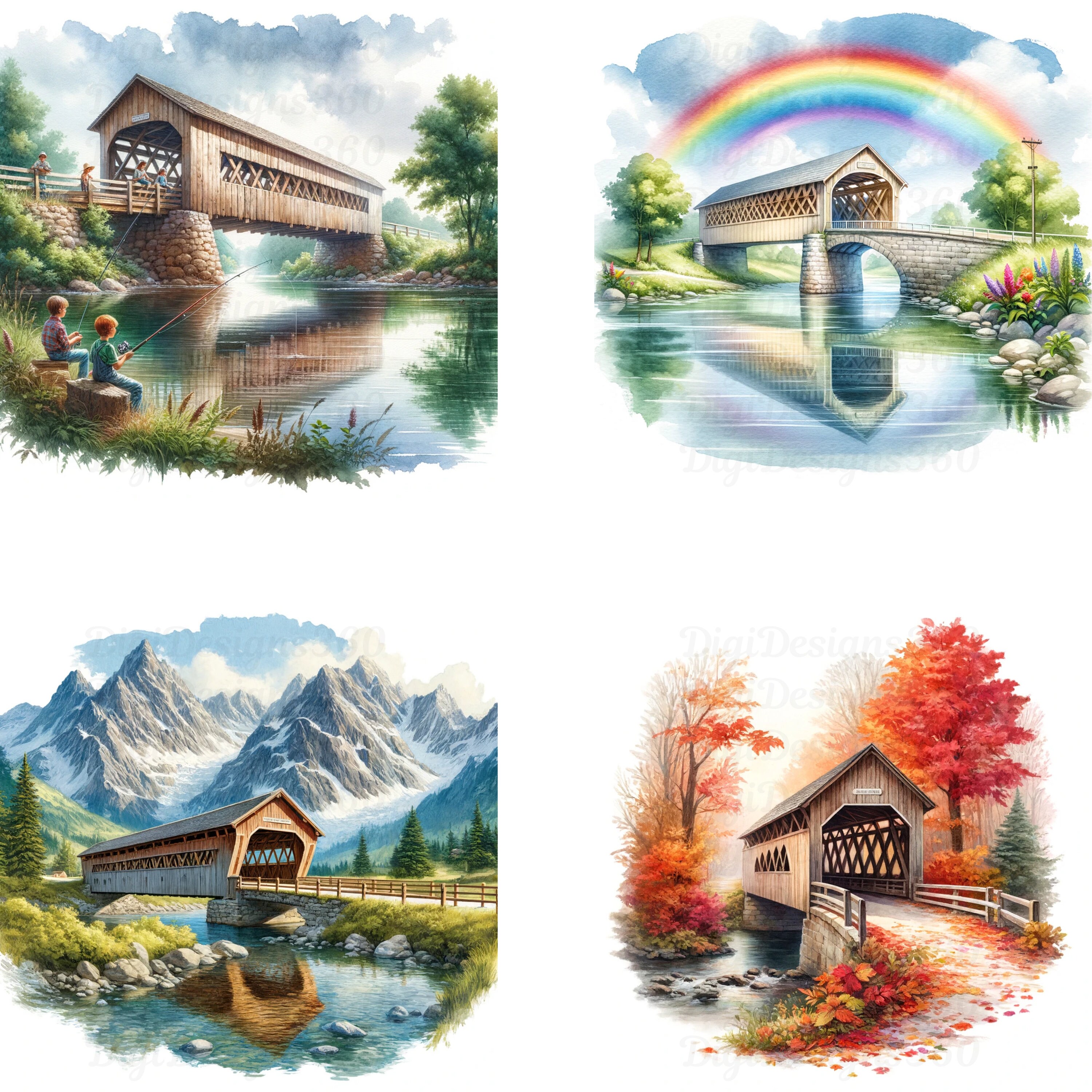 Wooden Bridge Clipart Watercolor Covered Bridge Graphics, Perfect for ...