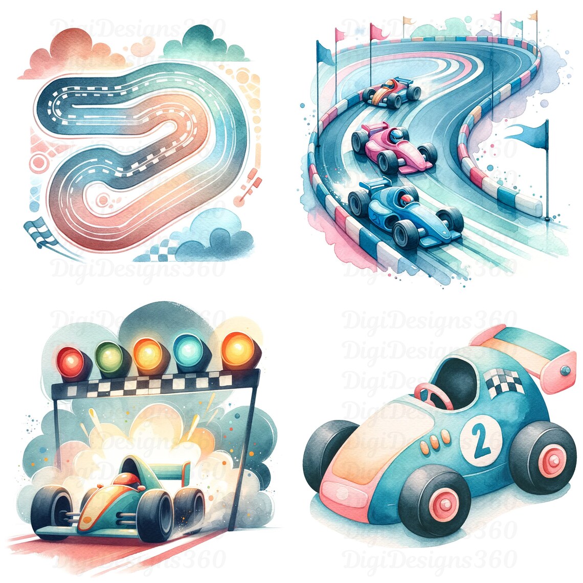 Race Clipart Collection Colorful Watercolor Racing Elements, Great ...