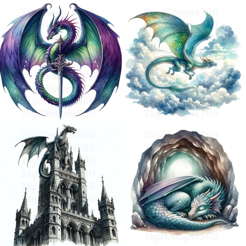 Mythical Clipart: Vibrant Watercolor Dragons Perfect for Scrapbooking ...