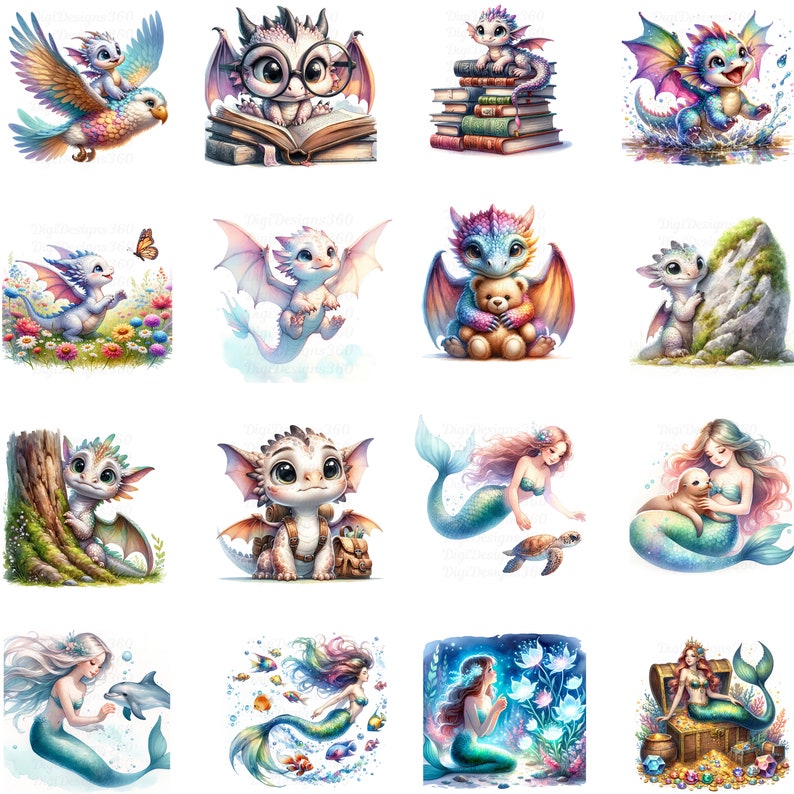 Watercolor Mythical Creatures Clipart Bundle: Dragons, Unicorns, Gnomes ...