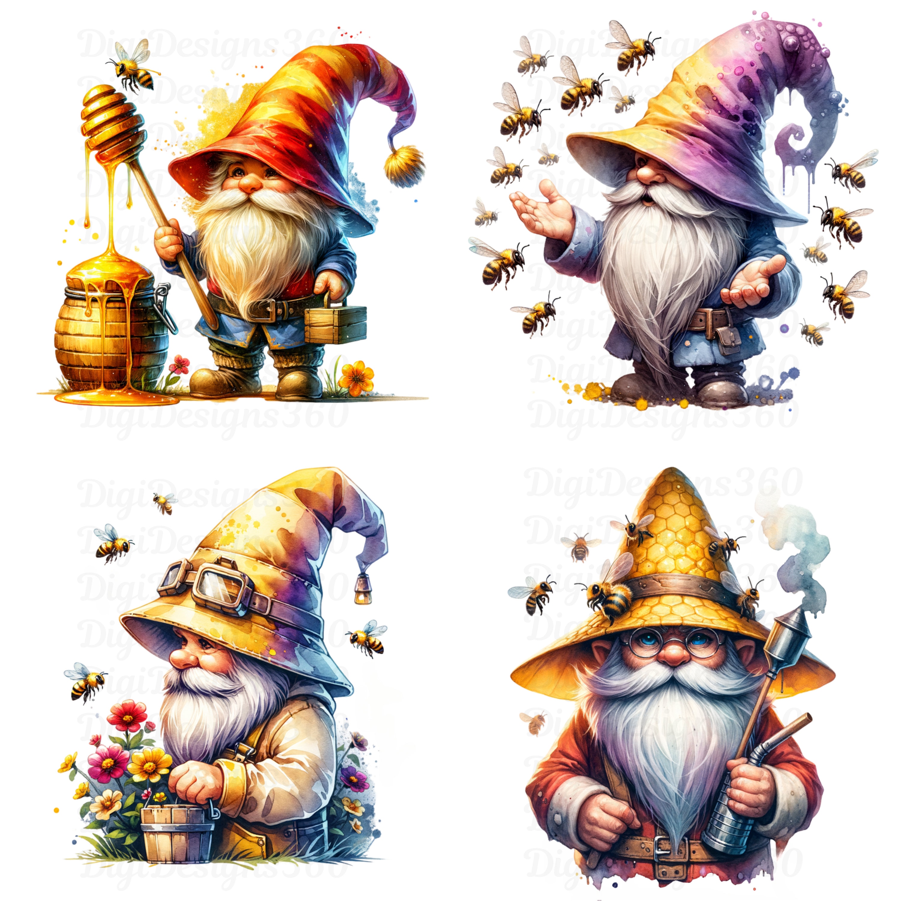 Watercolor Bee Gnome Clipart Set - Adorable Honey Bee Gnomes, Perfect ...