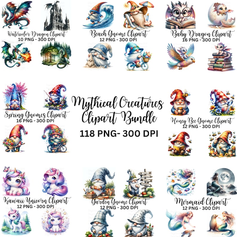 Watercolor Mythical Creatures Clipart Bundle: Dragons, Unicorns, Gnomes ...