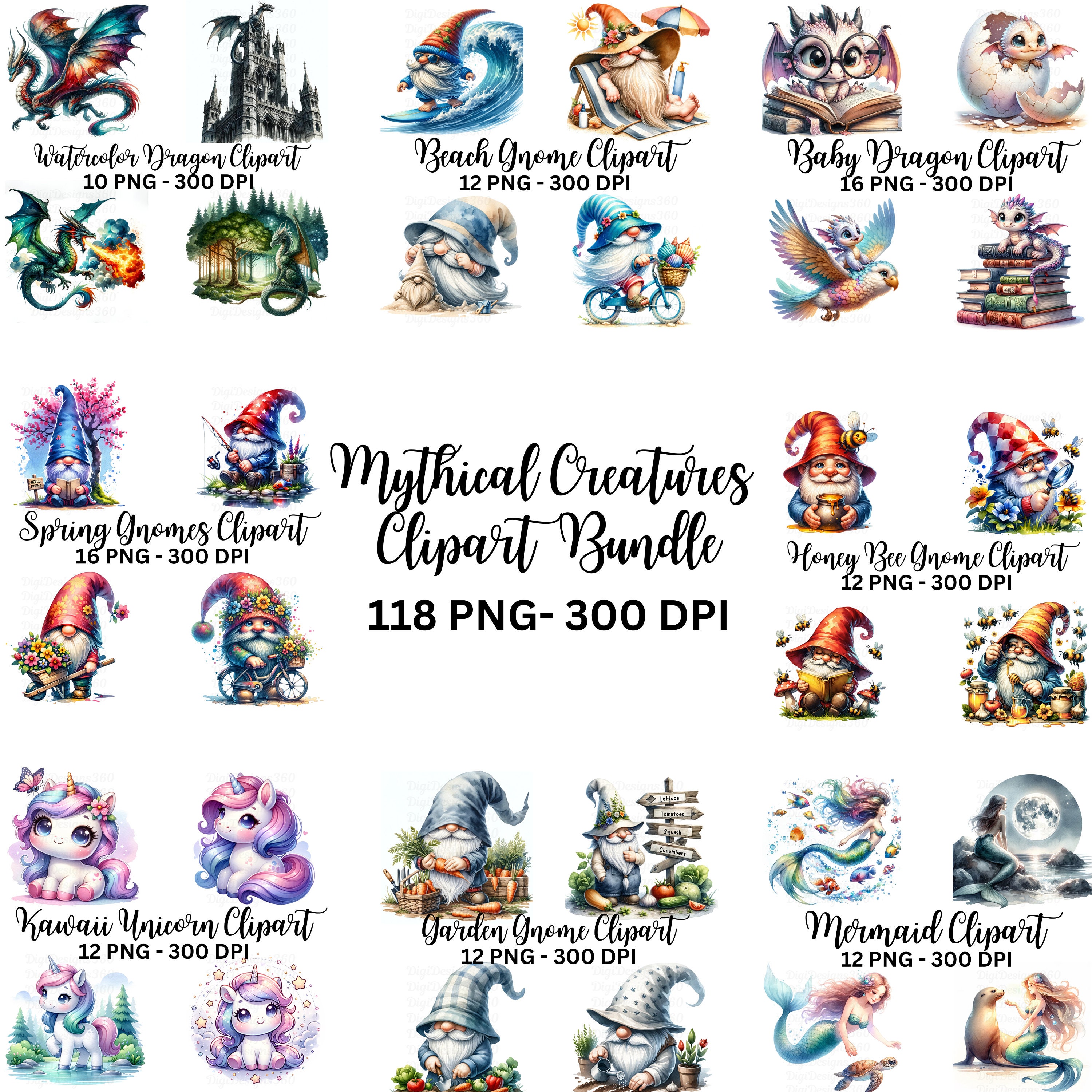 Watercolor Mythical Creatures Clipart Bundle: Dragons, Unicorns, Gnomes ...