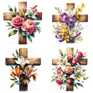 Flower Cross Clipart - Watercolor Floral Wooden Cross Design, Perfect ...