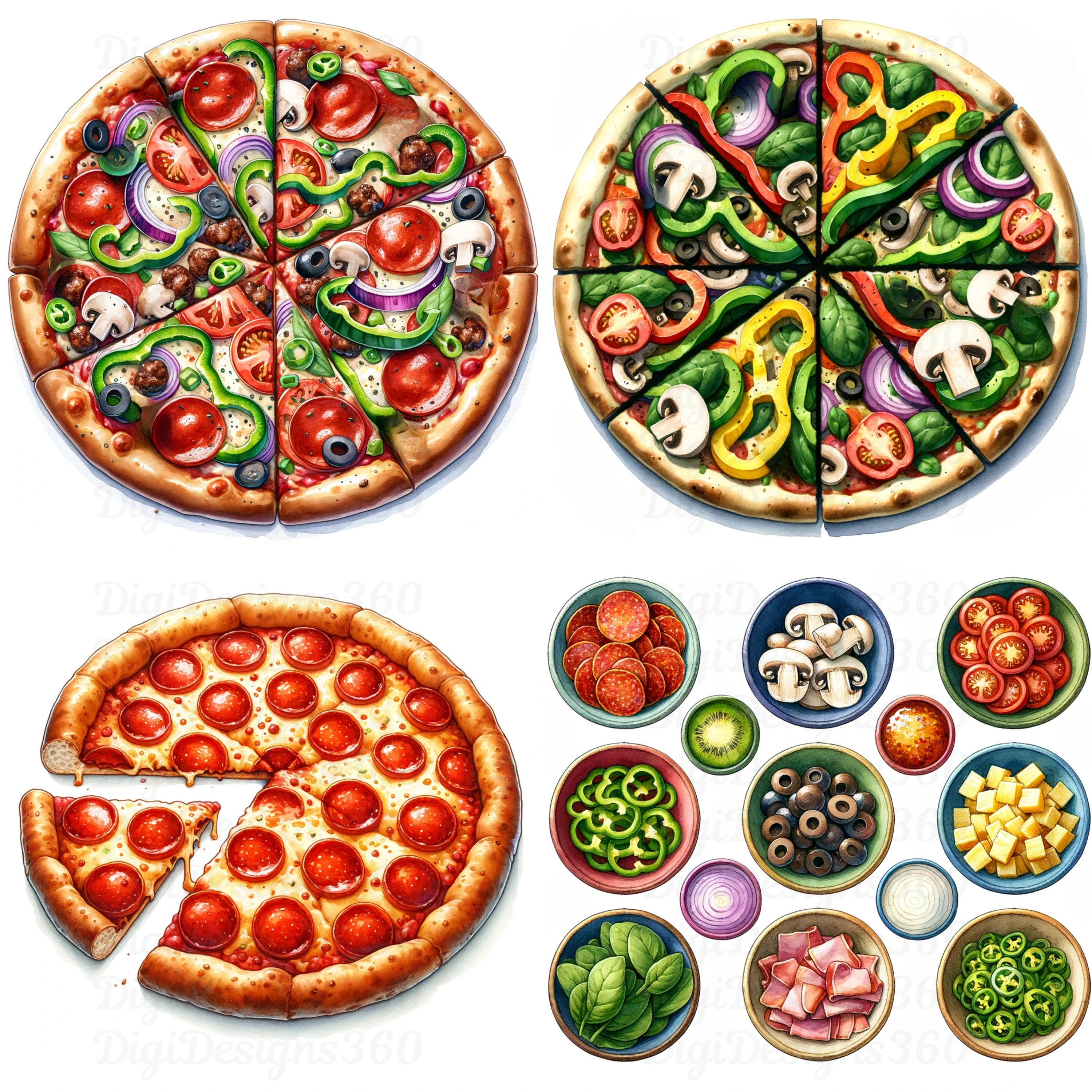 Pizza Clipart Set Watercolor Food Graphics, Perfect for Menu Design ...