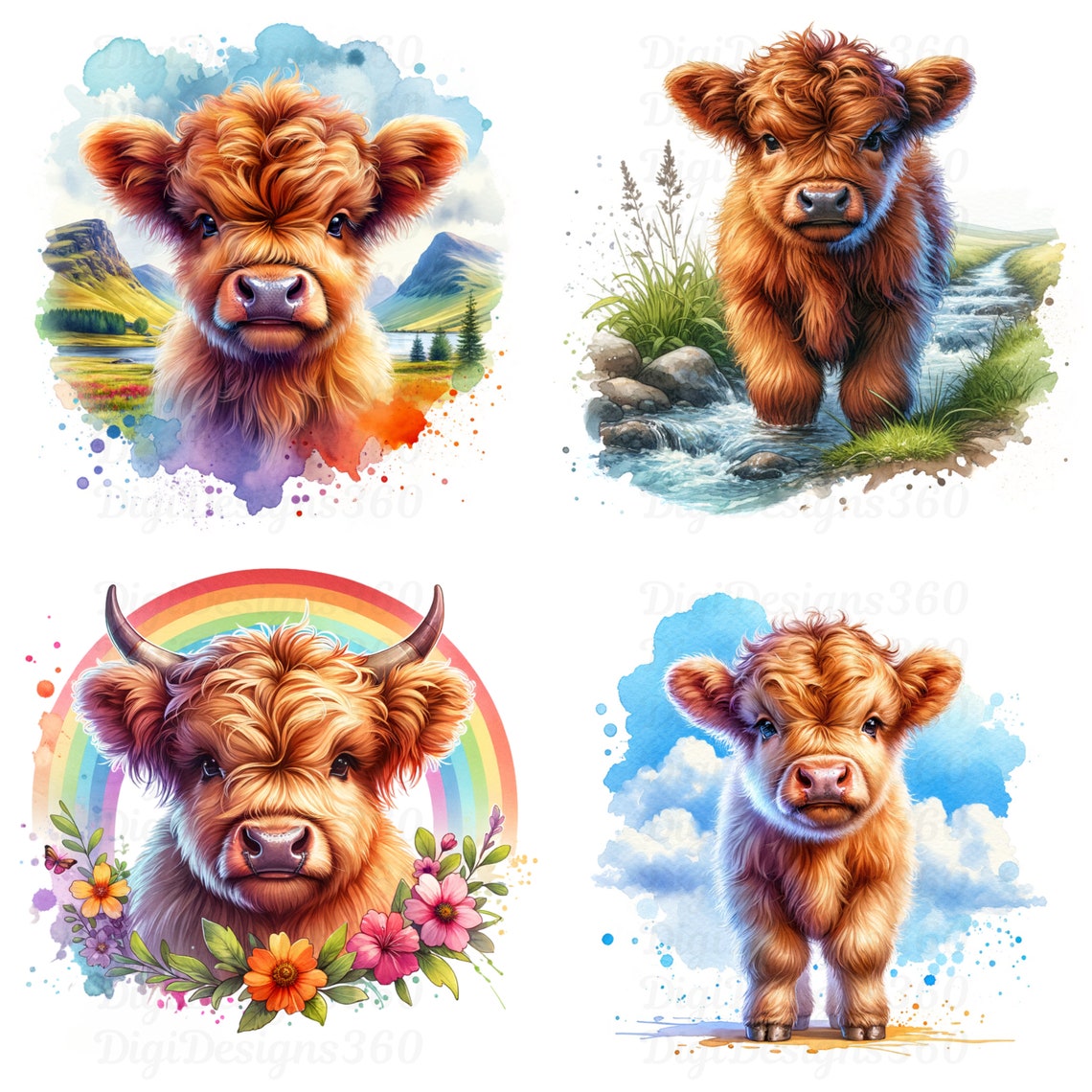 Highland Cattle Clipart Watercolor Baby Highland Cows, Digital Download ...