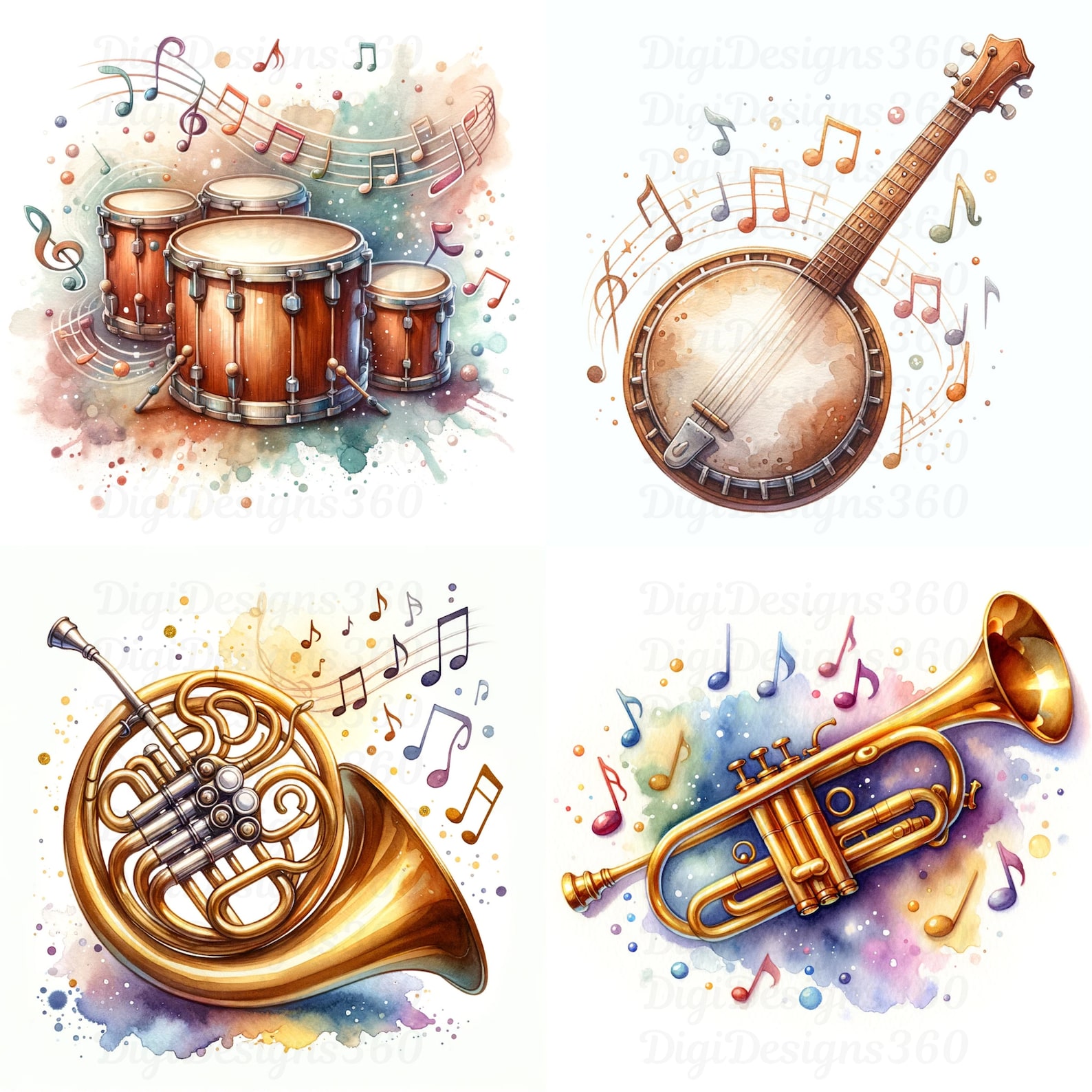 Artistic Musical Instruments Clipart - Watercolor Style Digital Files ...